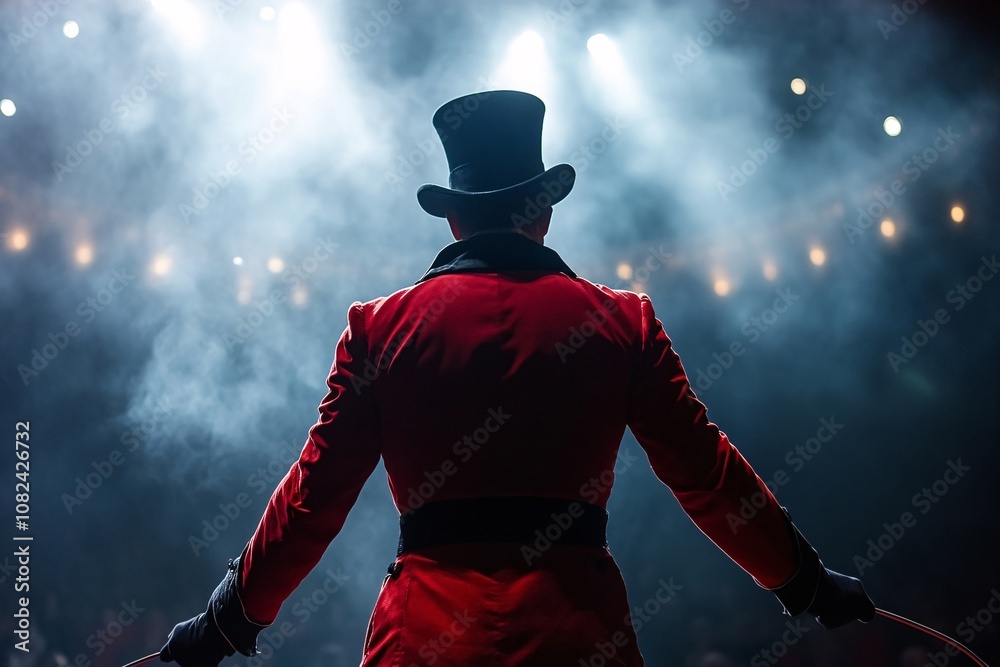 Back view of a traditional circus ringmaster with top hat, holding a ...