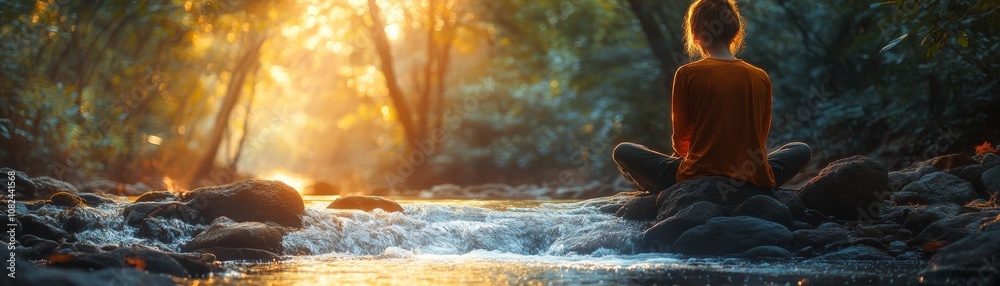 Calm concentration sitting by a stream in a forest close up, focus on ...