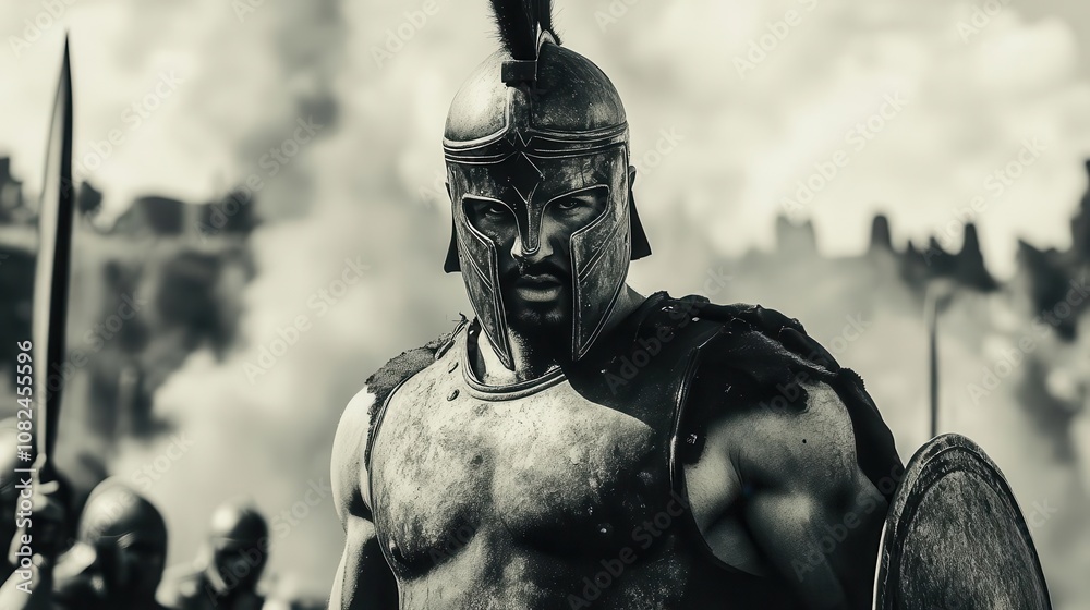 ancient spartan warrior in full armor stands defiantly on a dusty ...