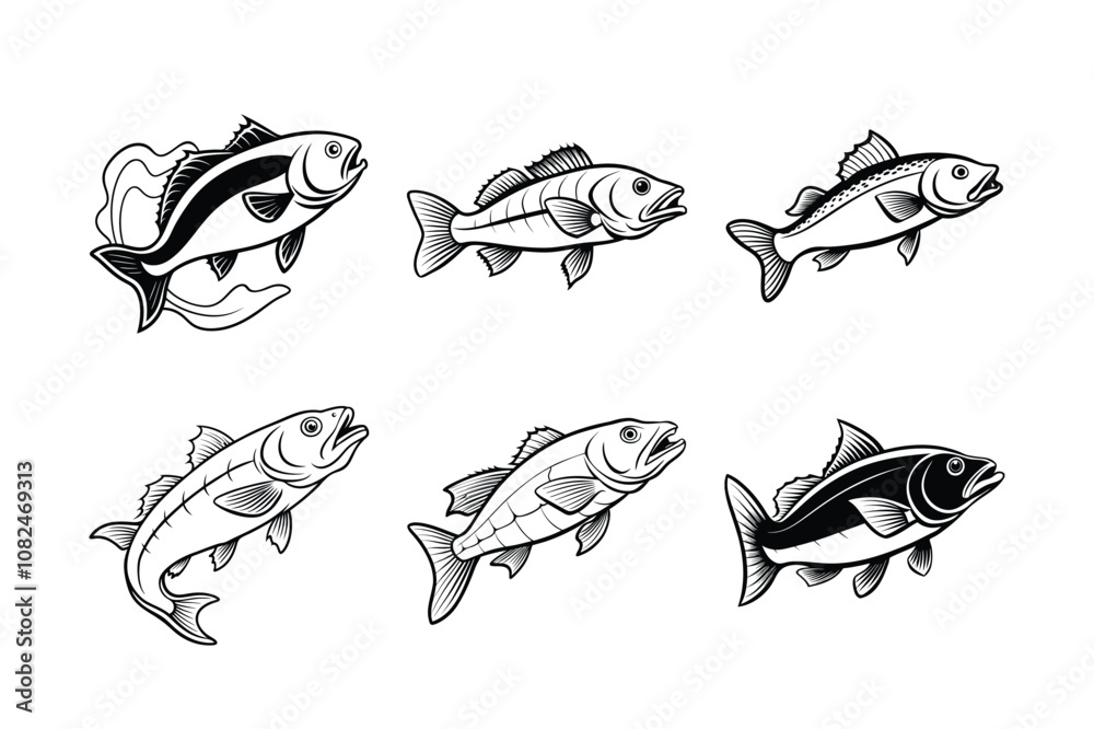 cod fish design, labeled line art vector silhouette illustration. Stock ...