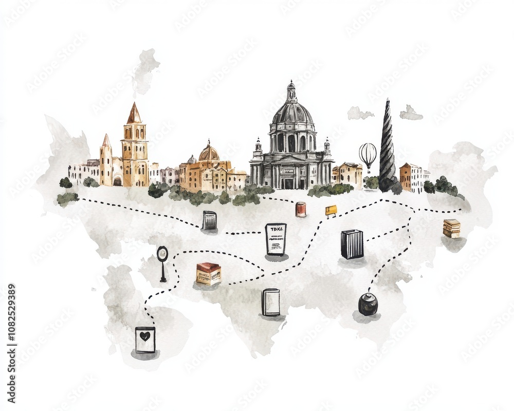 Illustrated map featuring iconic landmarks and digital symbols on a ...