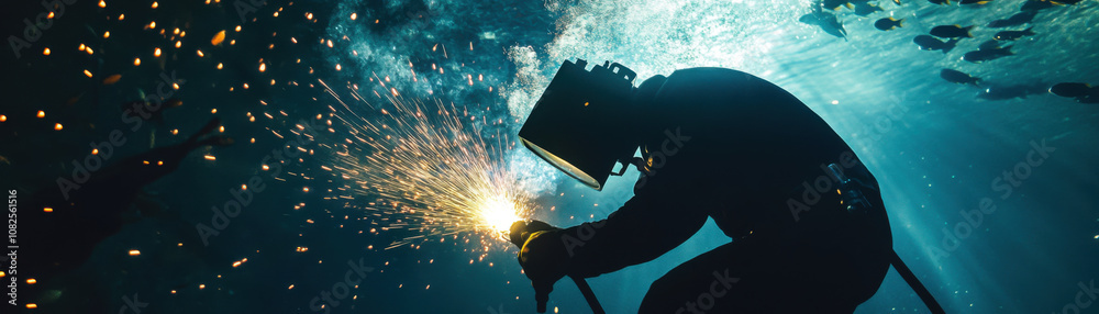 hyperbaric welder works underwater, creating sparks amidst fish and ...