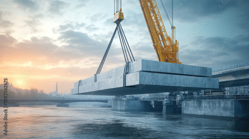 Massive gantry crane lifting heavy concrete slabs over river at sunset ...