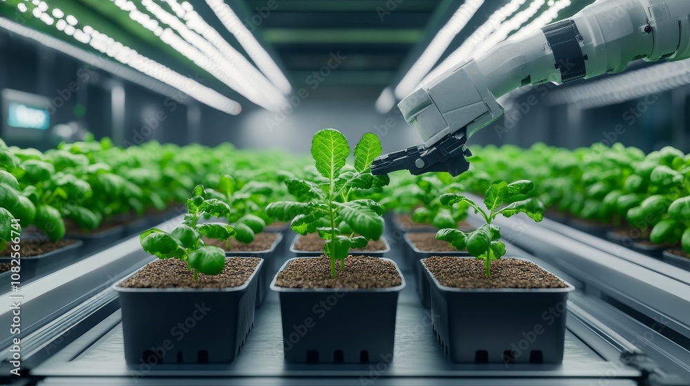 Robotic arms planting rows of vegetable seedlings in a futuristic ...