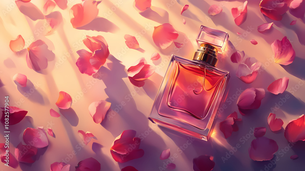 Elegant perfume bottle amidst scattered petals captured in radiant ...