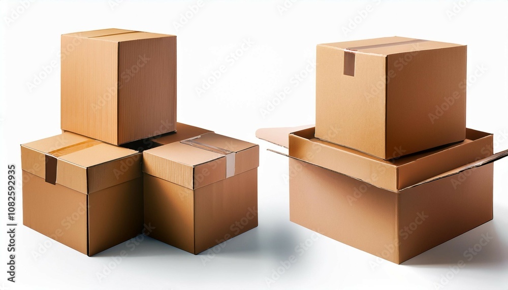 set of cardboard boxes isolated with soft shadows on a clear background ...