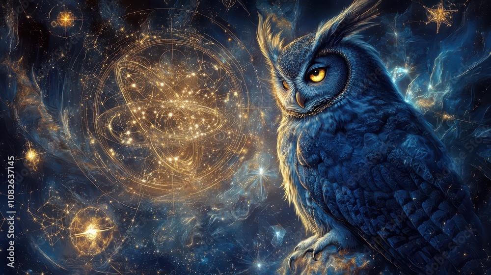 Wisdom owl on Virgo's shoulder weaving constellations into a cosmic ...
