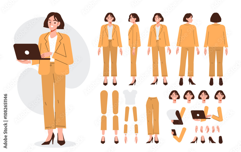 Business woman character constructor for animation. Front, side and ...