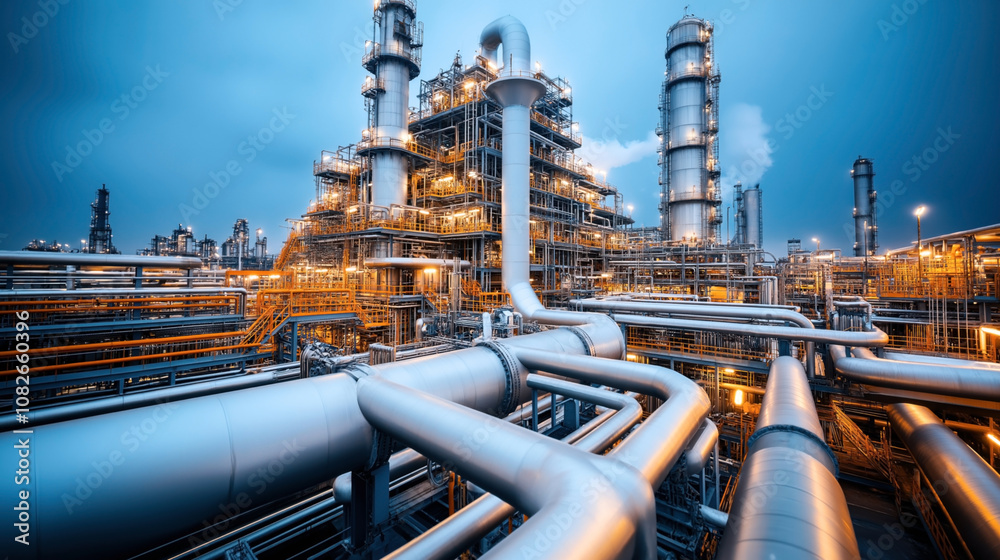 Industrial oil refinery complex with illuminated piping system and ...