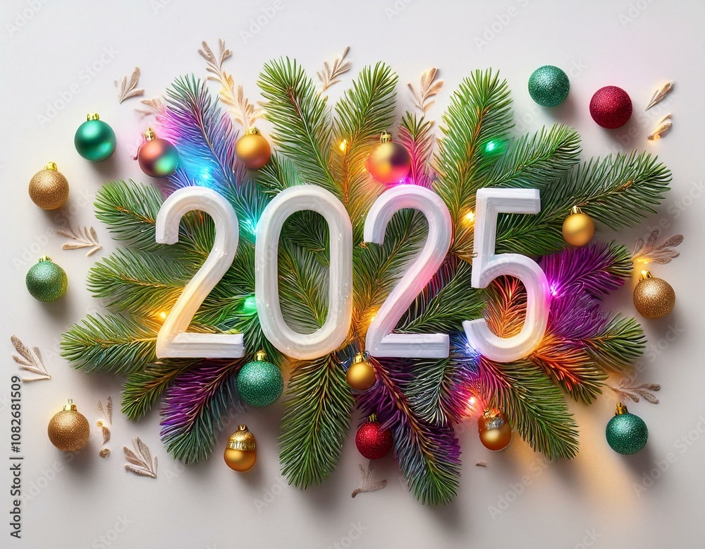 Año nuevo, 2025 con ramas de abeto, luces de colores y bolas de navidad ...