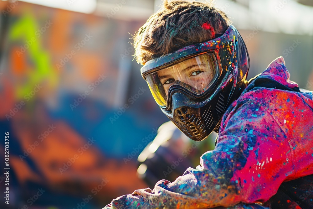 Teen boy in colorful paint-splattered gear, crouching behind barrier ...