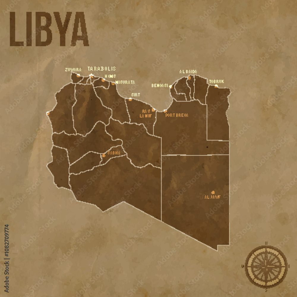 Vintage LIBYA Map with Regions Borders and Major Cities Positions Stock ...