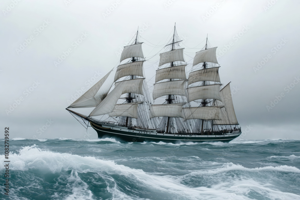 19th-century clipper ship with tall masts and full sails, cutting ...