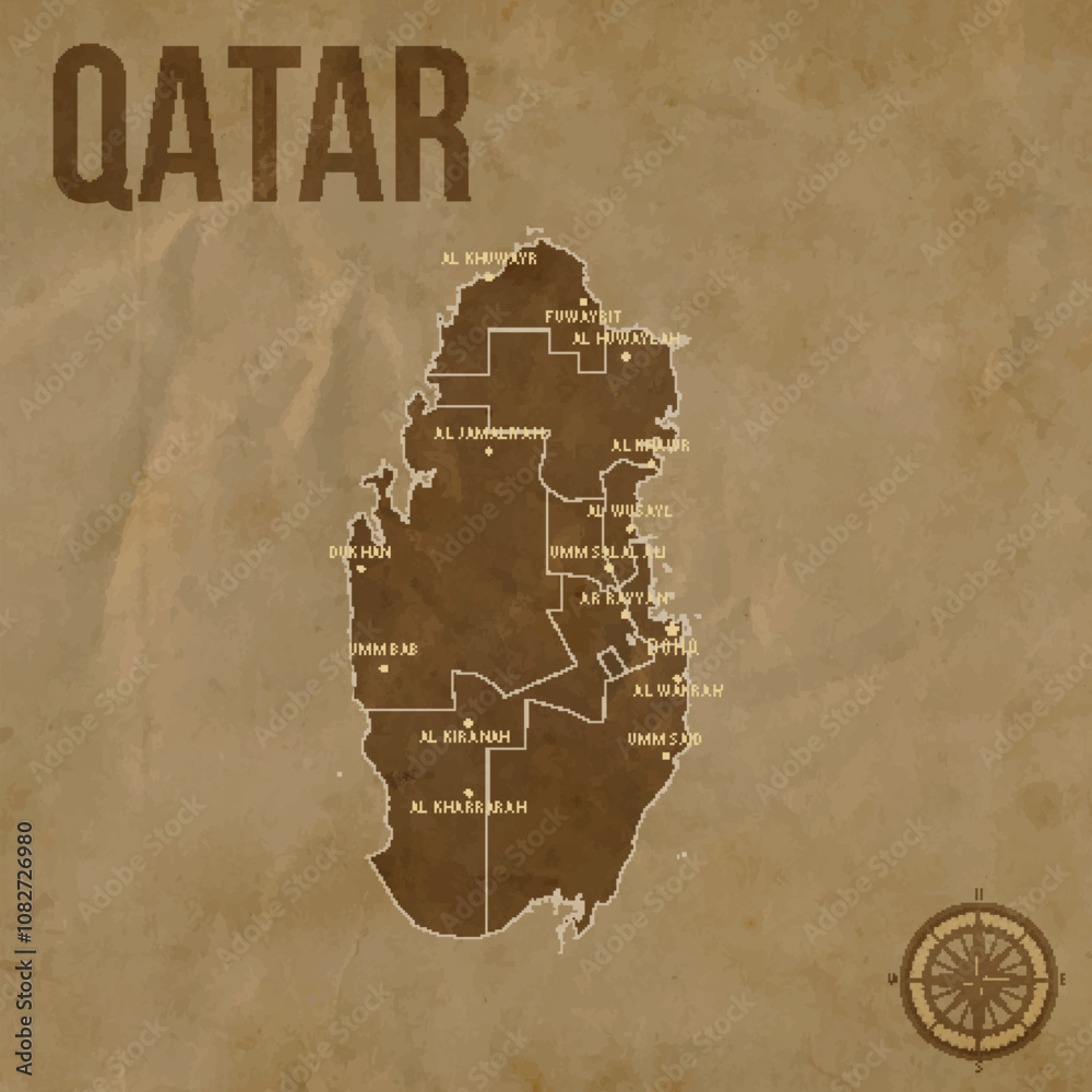 Vintage QATAR Map with Regions Borders and Major Cities Positions Stock ...