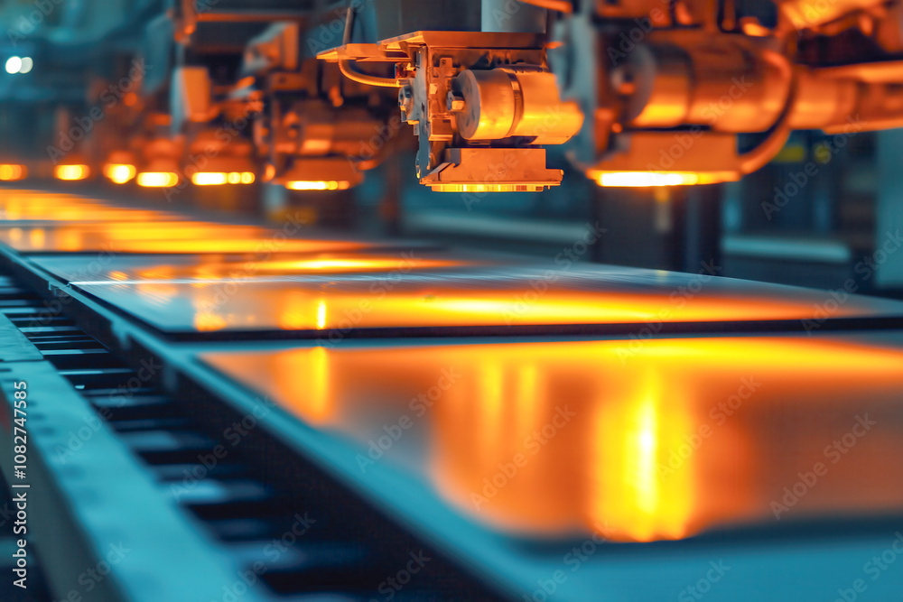 Facility producing metal roofing panels, with machines rolling and ...