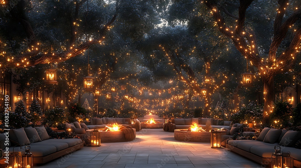 Outdoor Christmas garden with softly lit trees, hanging lanterns, and ...