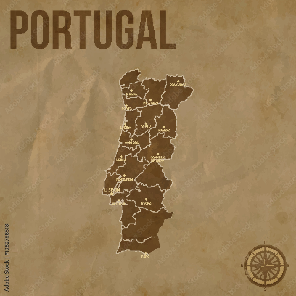 Vintage PORTUGAL Map with Regions Borders and Major Cities Positions ...