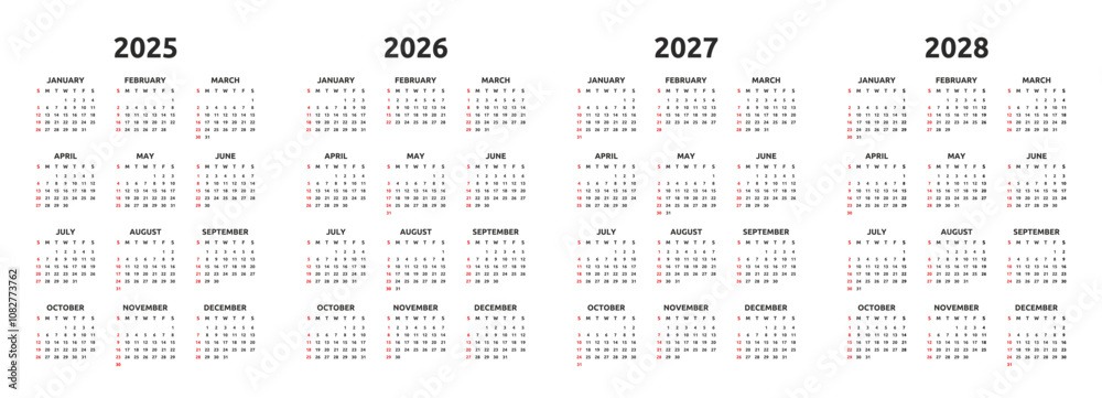 Calendar 2025, 2026, 2027, 2028 years. Week starts Sunday. Simple ...