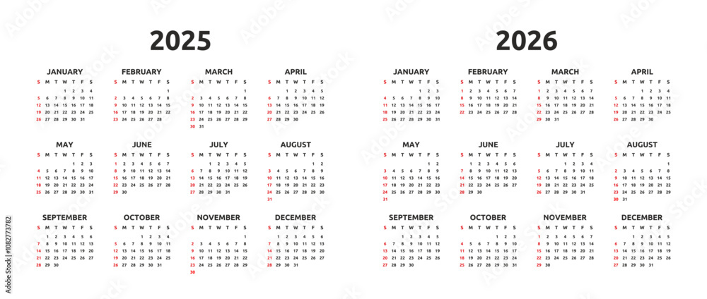 Calendar 2025 and 2026 year. Week starts Sunday. Simple calender layout ...