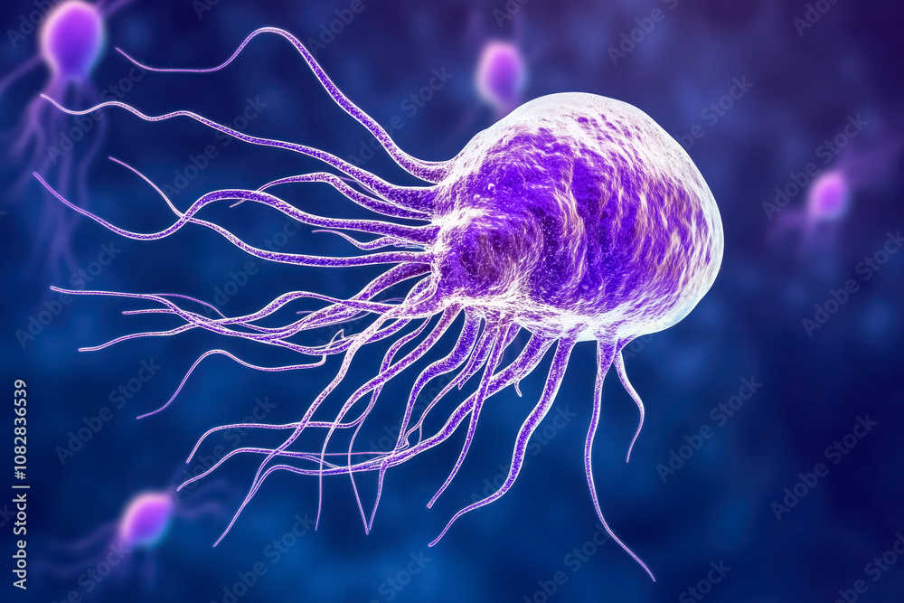 Protozoan parasite infecting a host cell, depicting the interaction ...