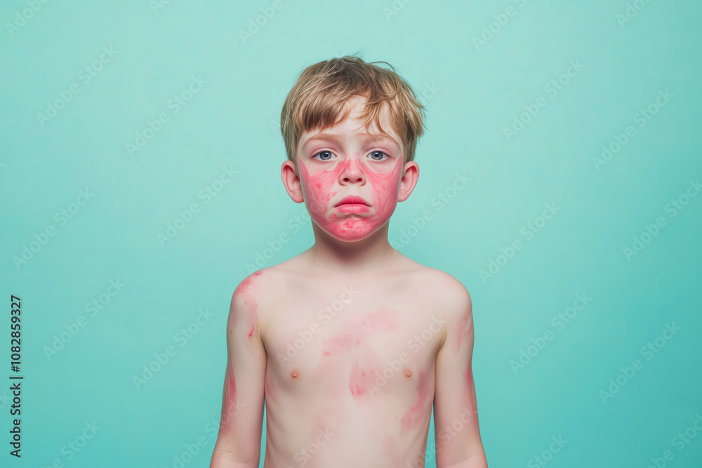 Characteristic red rash of measles, starting on the face and spreading ...
