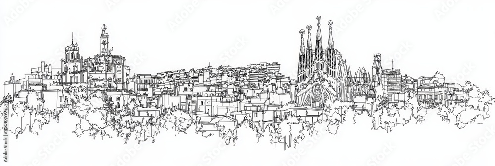 Elegant single-line drawing of Barcelona's iconic skyline, featuring ...