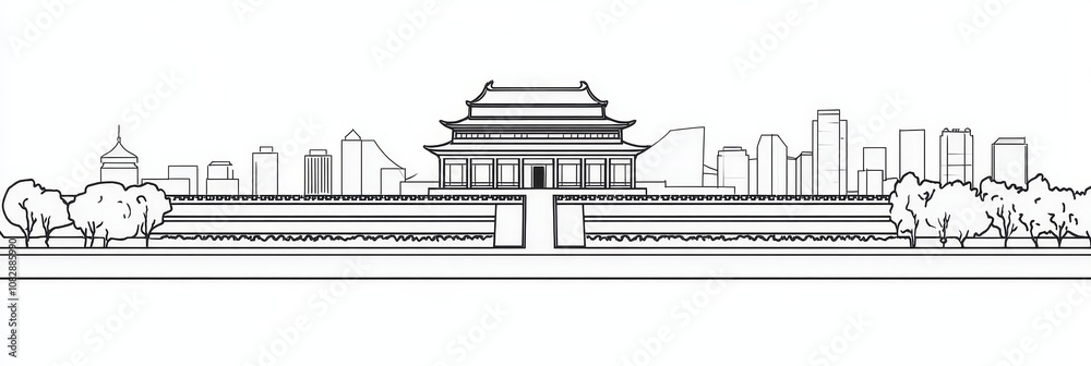 Elegant line art depicting Tiananmen Gate, Beijing skyline, city ...
