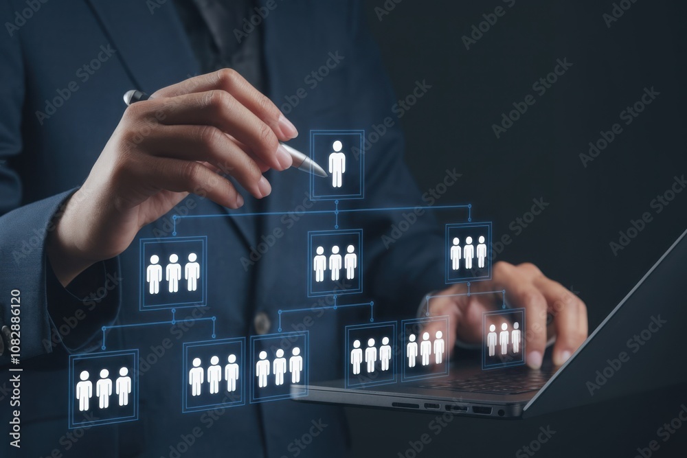 Business workflow process management concept. Workflow automation system with data diagram of ...