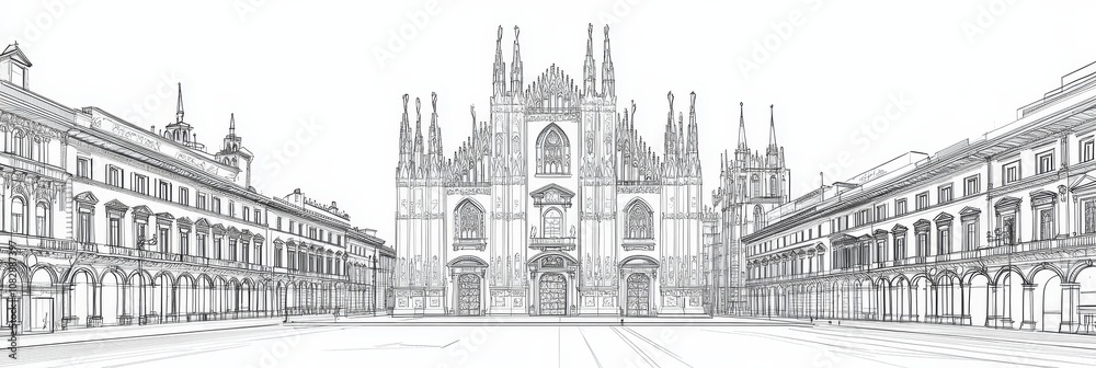 Elegant line art depicting Milan's iconic Duomo cathedral, Piazza Duomo ...