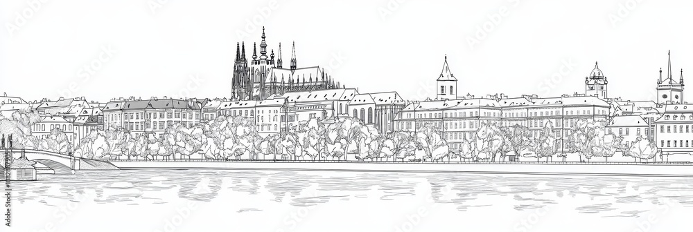 Elegant single-line drawing of Prague's iconic skyline, featuring ...