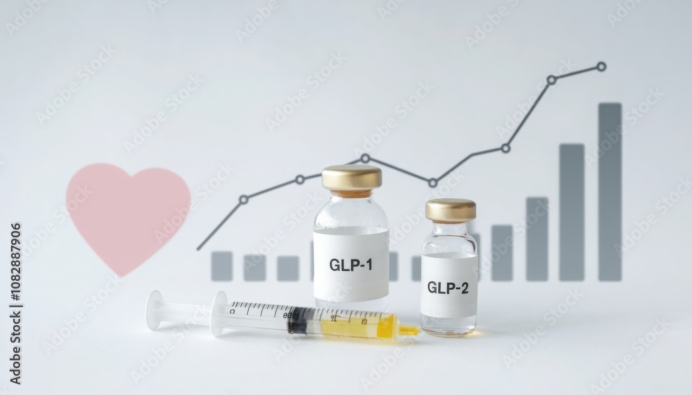 Stock-Illustration „Vials labeled glp-1 with syringes, heart icon, and growth chart symbolize ...