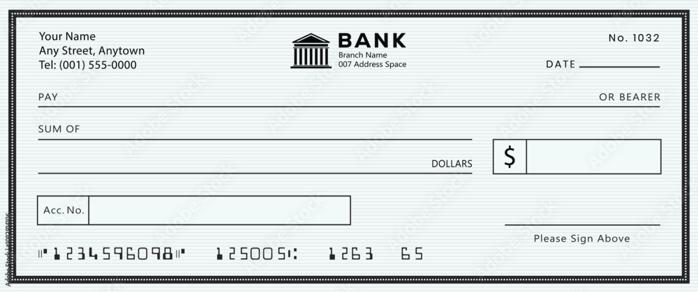 Blank bank cheque. Personal desk check template with empty field to ...
