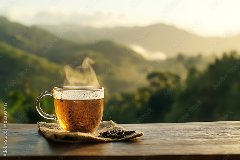 cup of steaming hot tea on wooden table on tea plantation in mountains ...