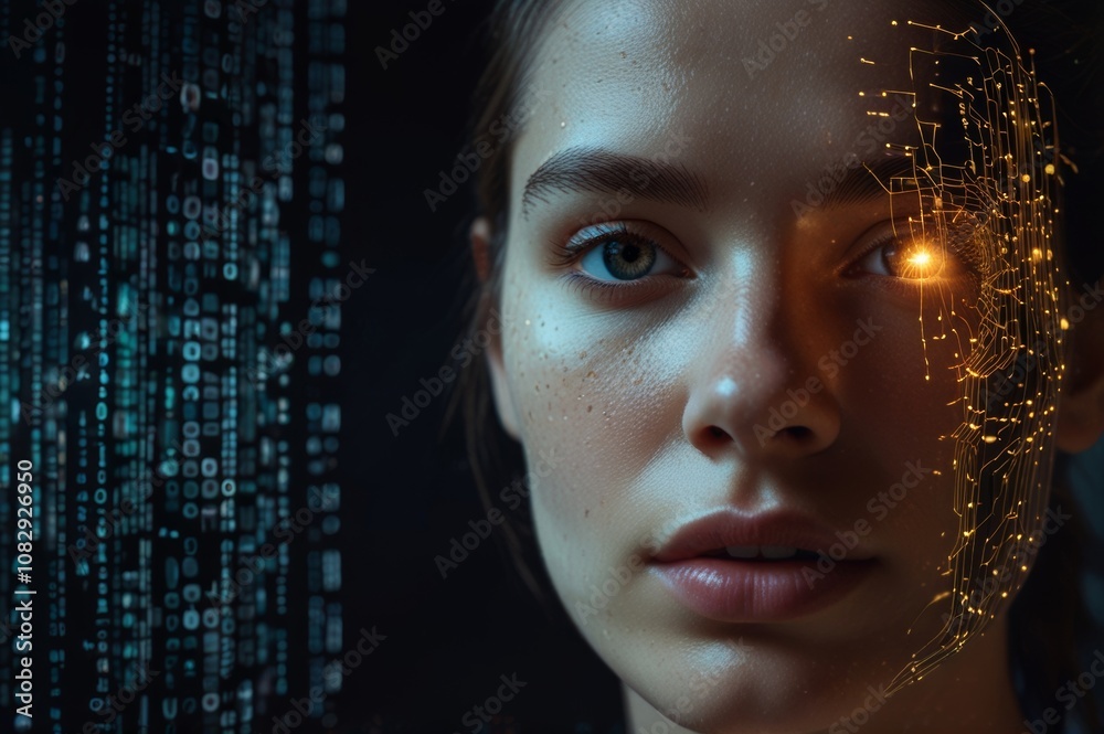 woman face merging with digital code, futuristic concept of artificial ...