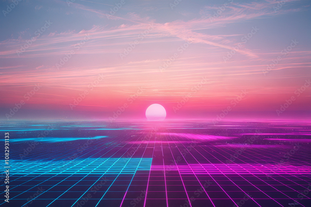 solar panels on the sunset vaporware gradient background with sun and ...