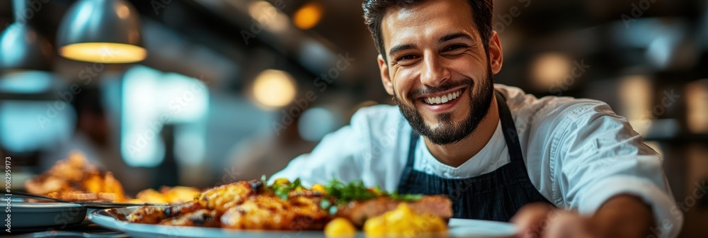 A cheerful chef with a warm smile presents a beautifully cooked gourmet ...
