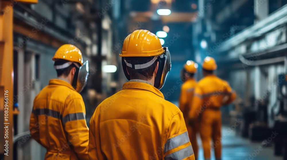 Workers wearing industrial uniforms and Welded Iron Mask at Steel ...