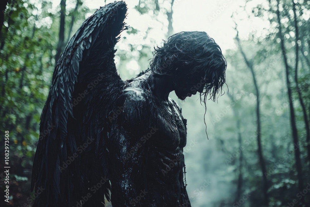 figure fallen angel stands silently lush forest twilight dark wings and ...