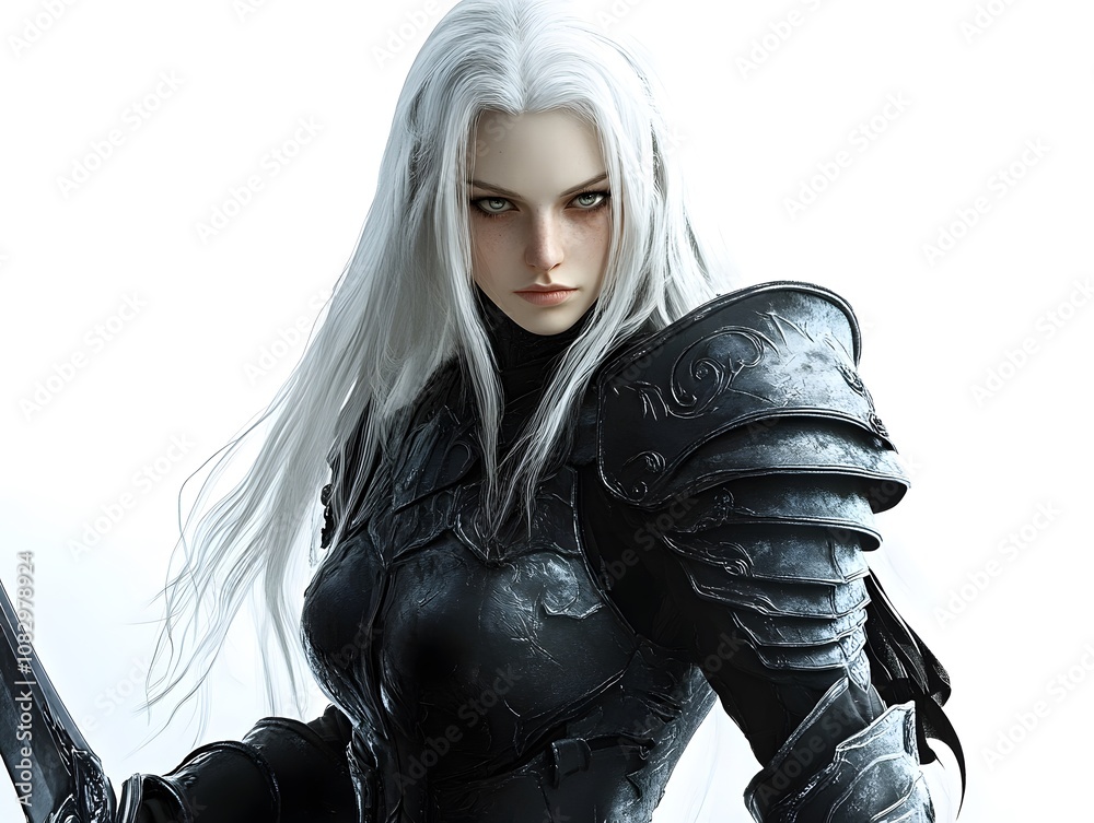 Portrait of a fantasy heavily armored sexy dark elf female on white ...