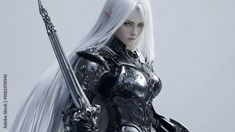 Portrait of a fantasy heavily armored sexy dark elf female on white ...