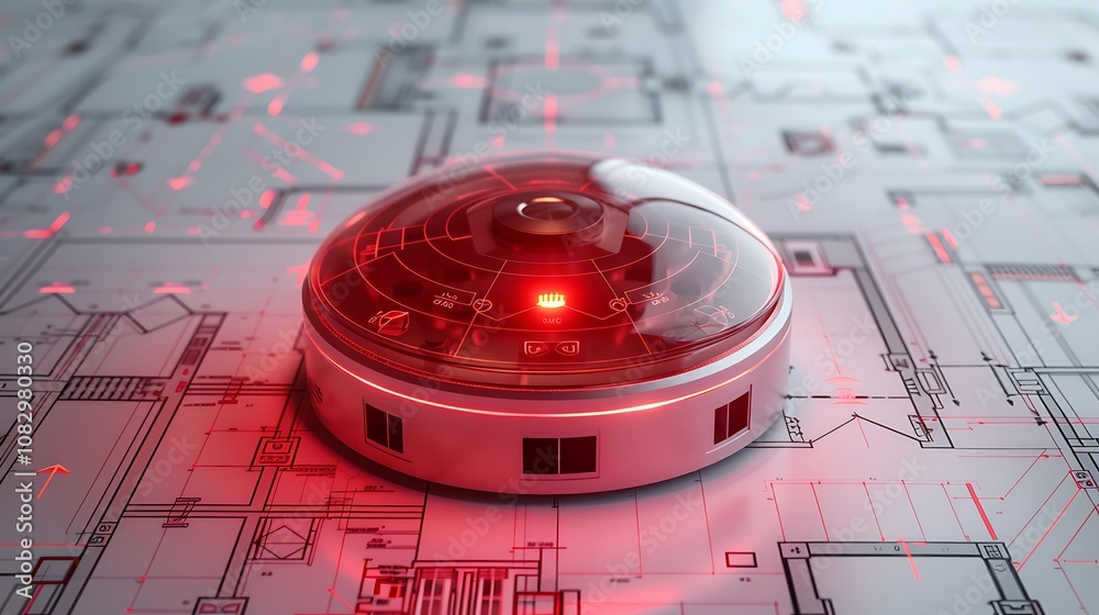 Digital blueprint of a fire safety system with a 3D-rendered smoke ...