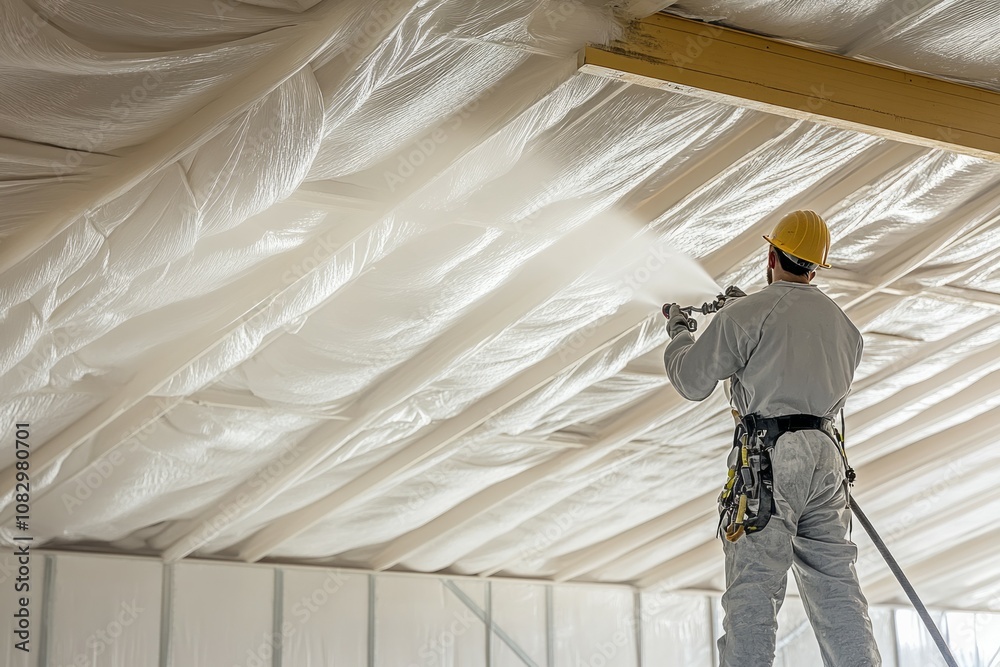 Workers spraying fireproofing material on Steel structure and ceilings inside a commercial ...