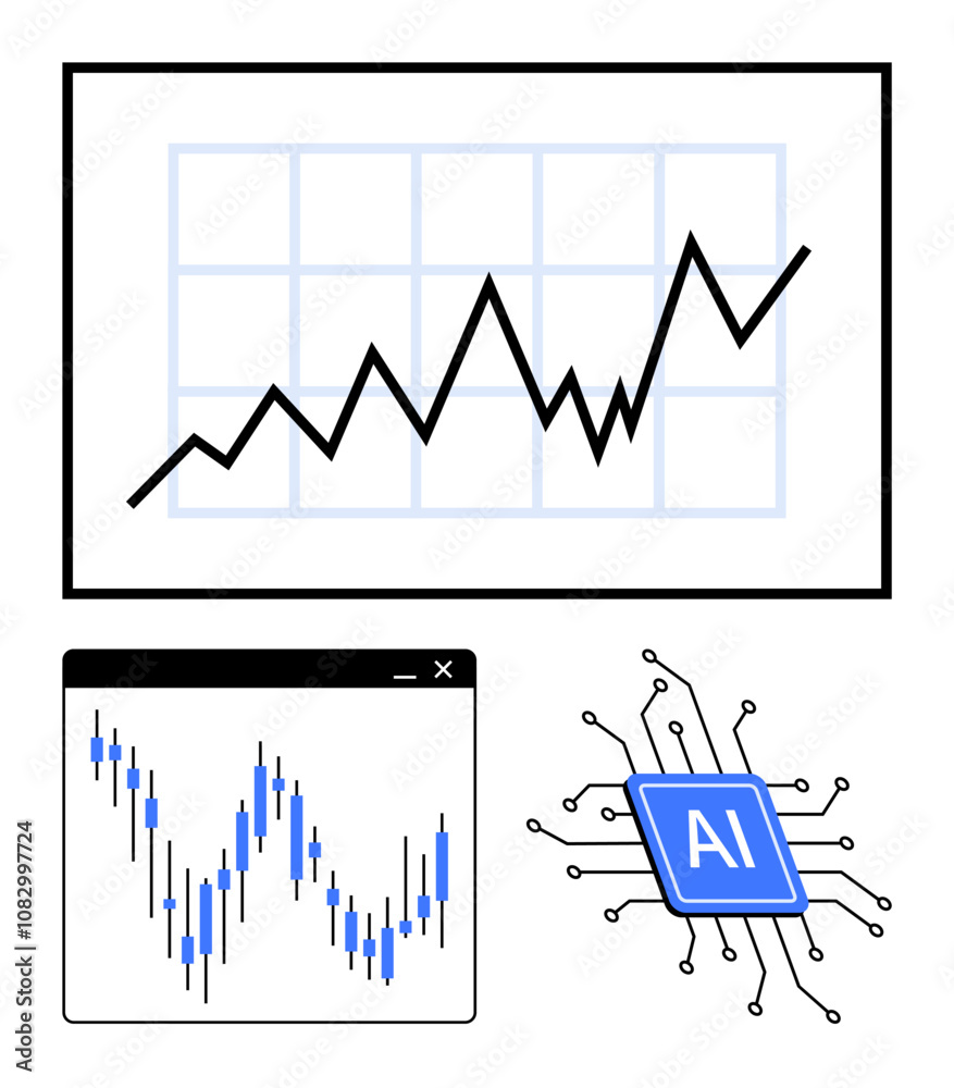 Graph showing an upward trend, AI chip with connected nodes, and ...