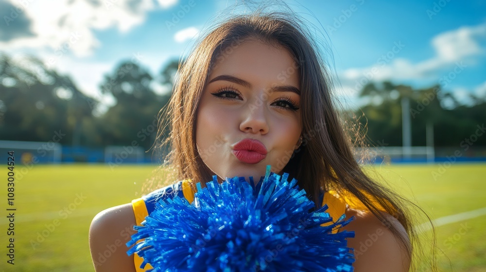 Portrait photography of a latin college cheerleader blow a kiss in the ...