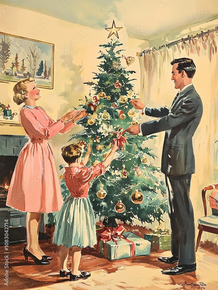 Retro 1950s illustration style family decorating tree, vintage color ...