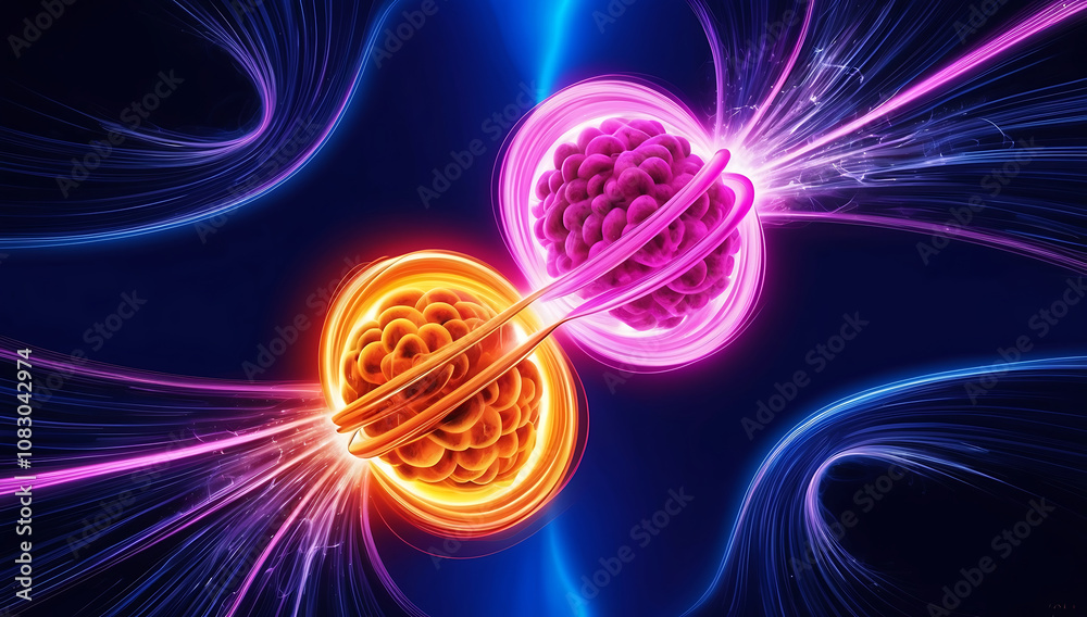 An illustration of nuclear fusion, depicting two nuclei merging to form ...