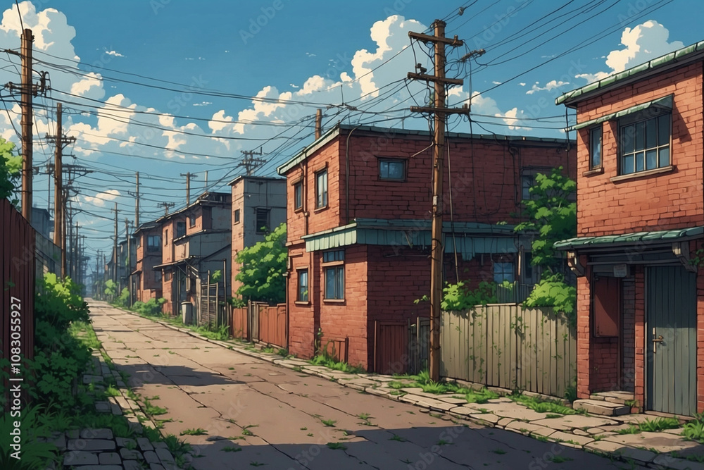 Anime style, tightly spaced brick homes, tin roofs, narrow street ...