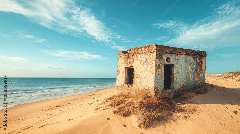 Abandoned structures including a watchtower and pillbox near a golden ...