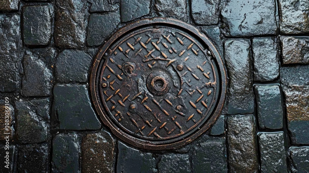 Iron manhole cover on pavement の Stock フォト | Adobe Stock