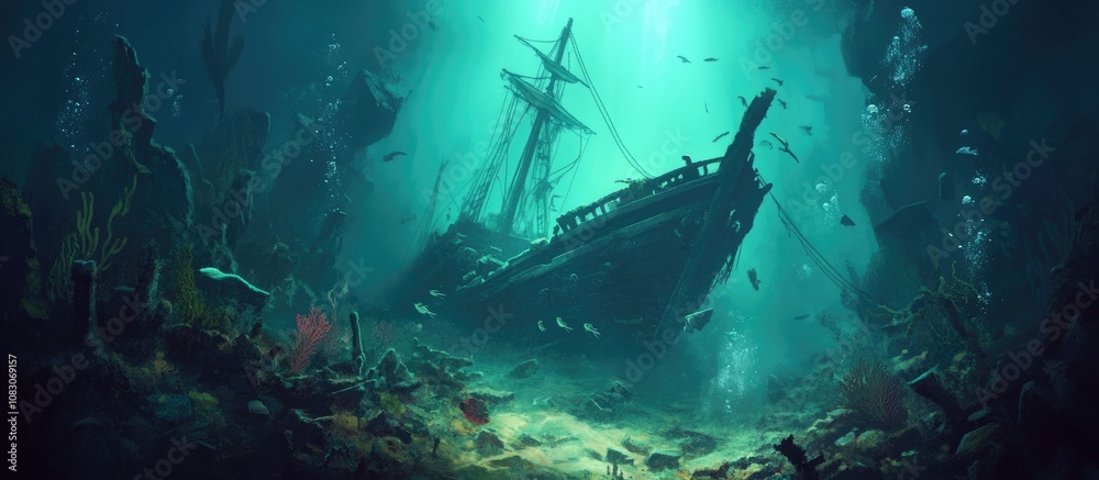 Underwater scene of a shipwreck featuring a sunken vessel and treasure ...